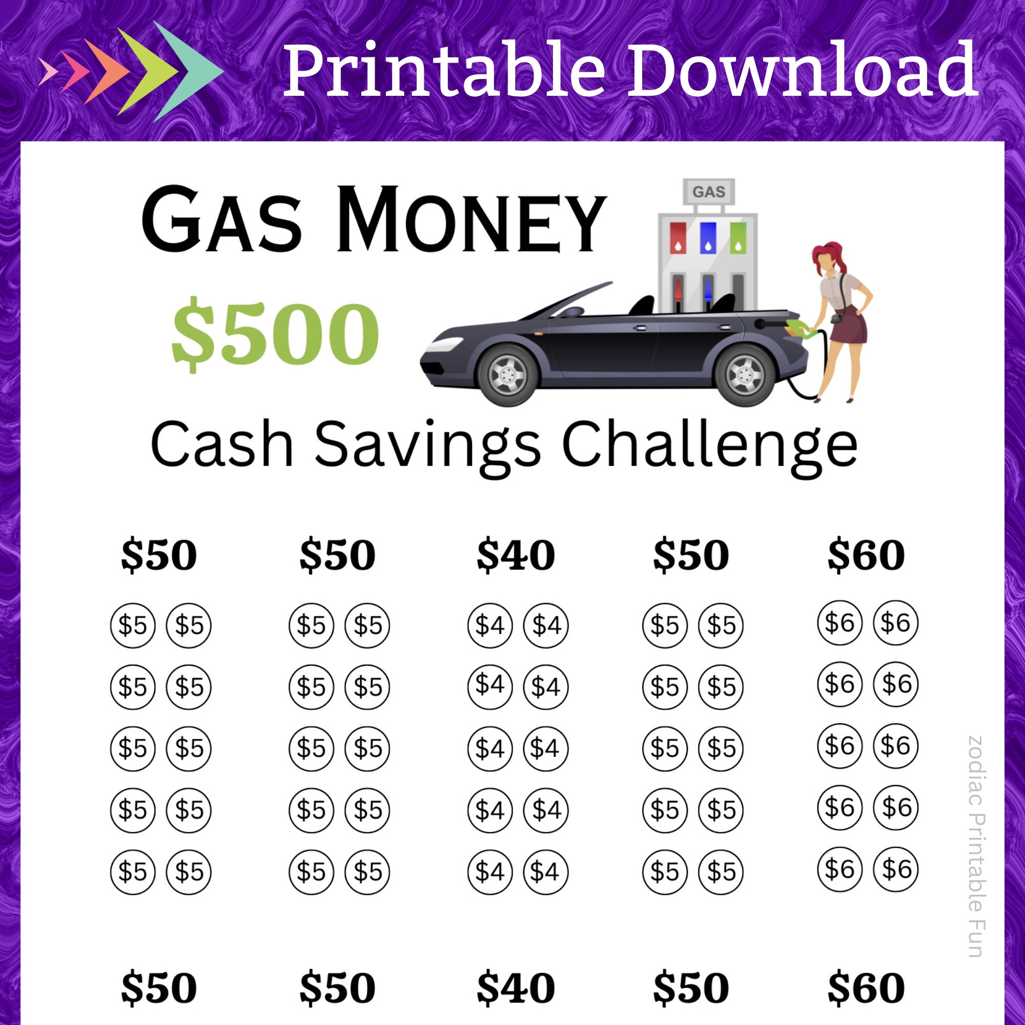 Gas Pump Savings Challenge Printable Car Maintenance Cash Saving Budget ...