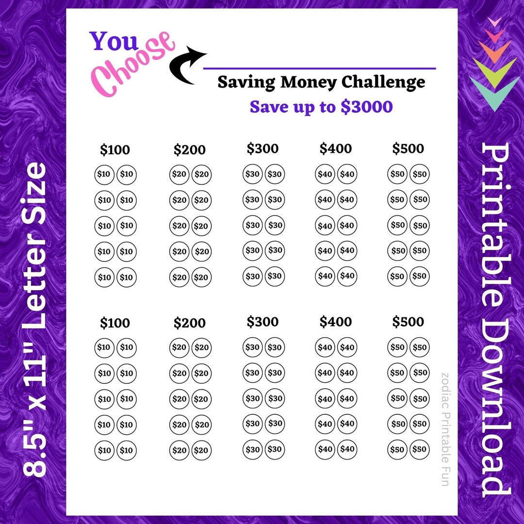 Custom Savings Challenge Printable for Saving 3000 Dollars for 3k ...