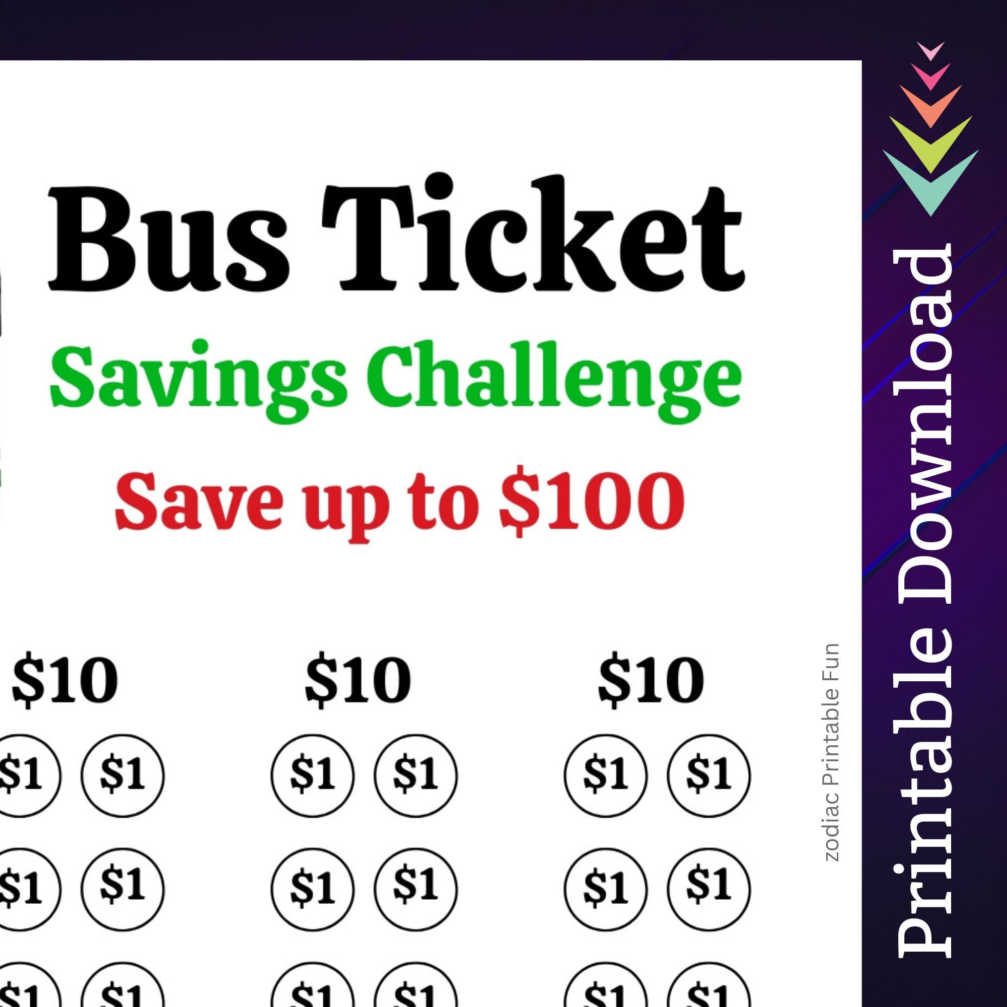 Bus Ticket Savings Challenge Printable for Weekend Getaway Money Saving ...
