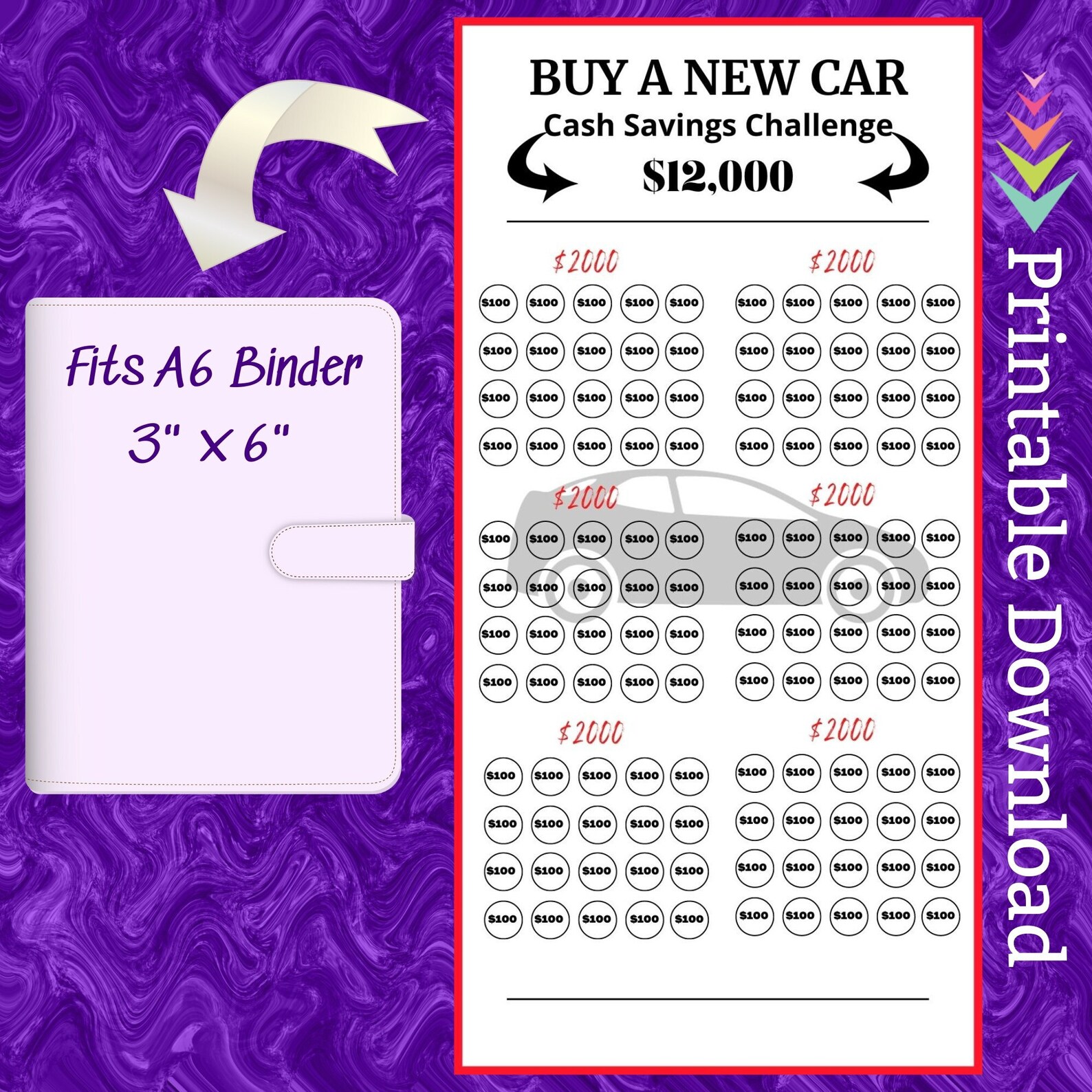 New Car Savings Challenge A6 Mini Budget Binder Insert Printable for ...