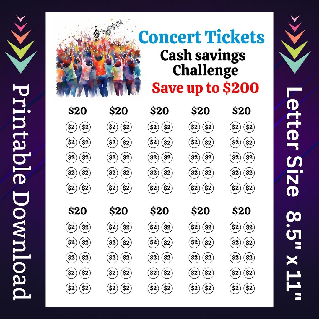 Concert Tickets Savings Challenge Printable for Music Concert Money ...