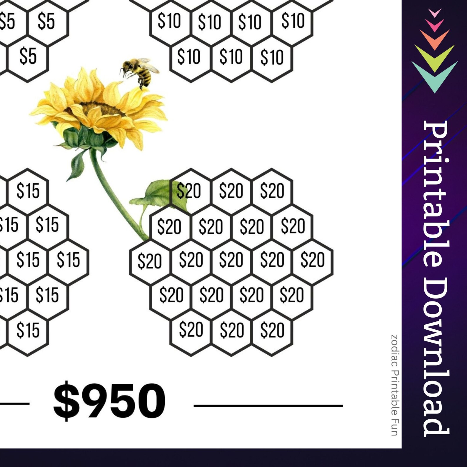 Honey Comb Saving Challenge Printable Sunflower Bee Savings Tracker for ...