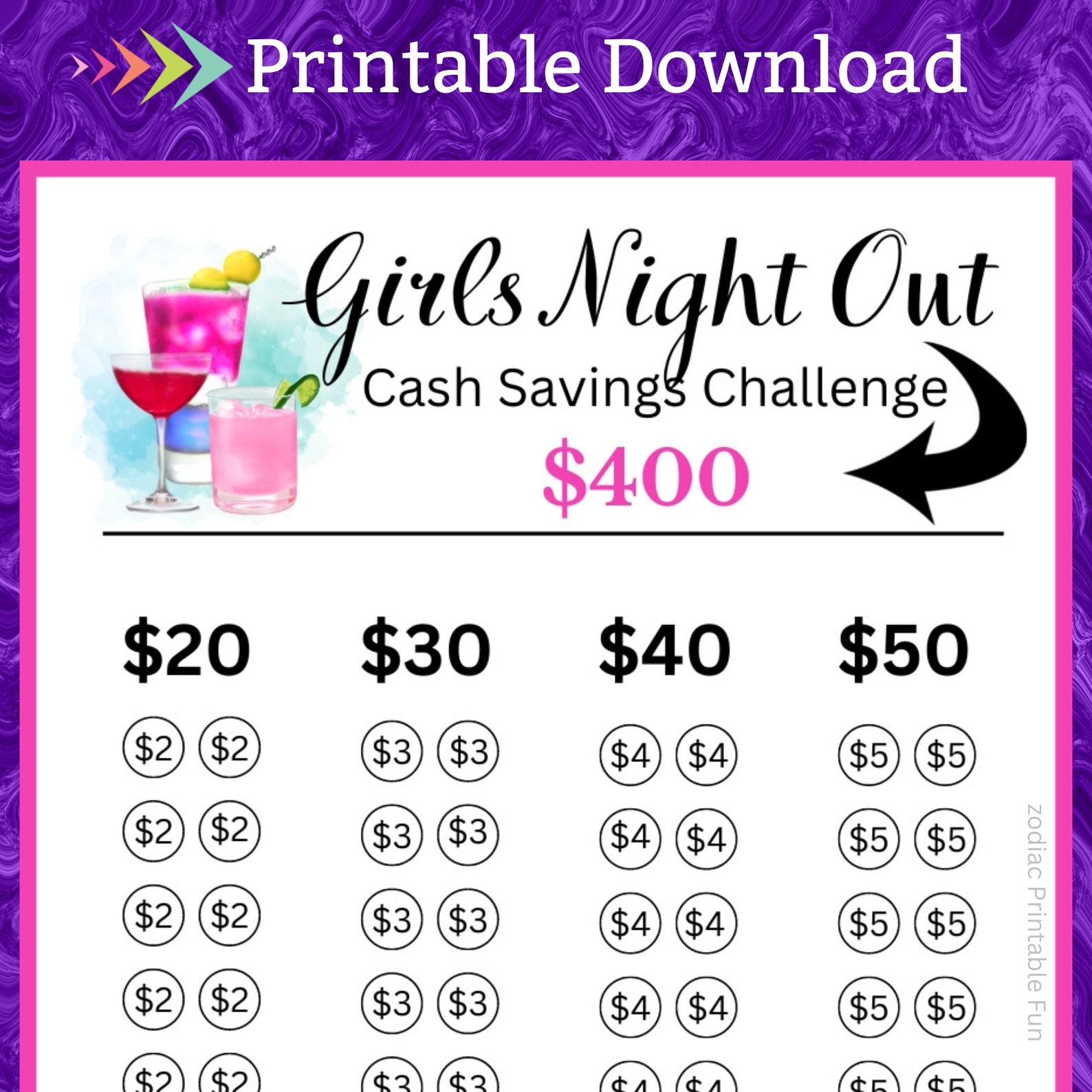 A6 Savings Challenge Printable Insert for Girls Night Out Money Saving ...