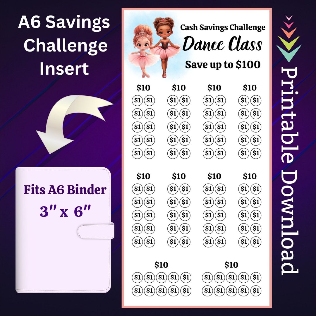 A6 Girls Dance Savings Challenge Printable for Ballet Class Money ...