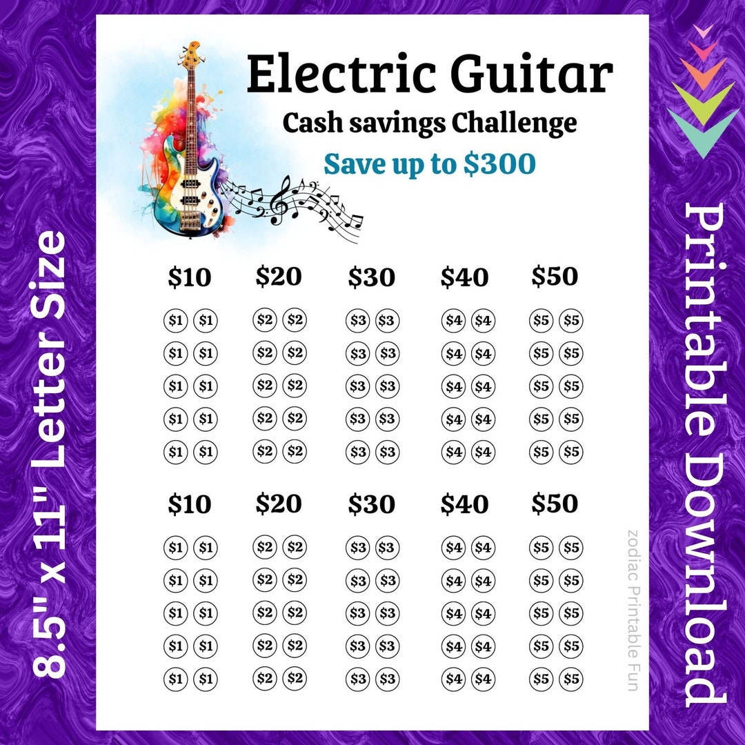 Electric Guitar Savings Challenge Printable Adult Guitarist Gift Money ...