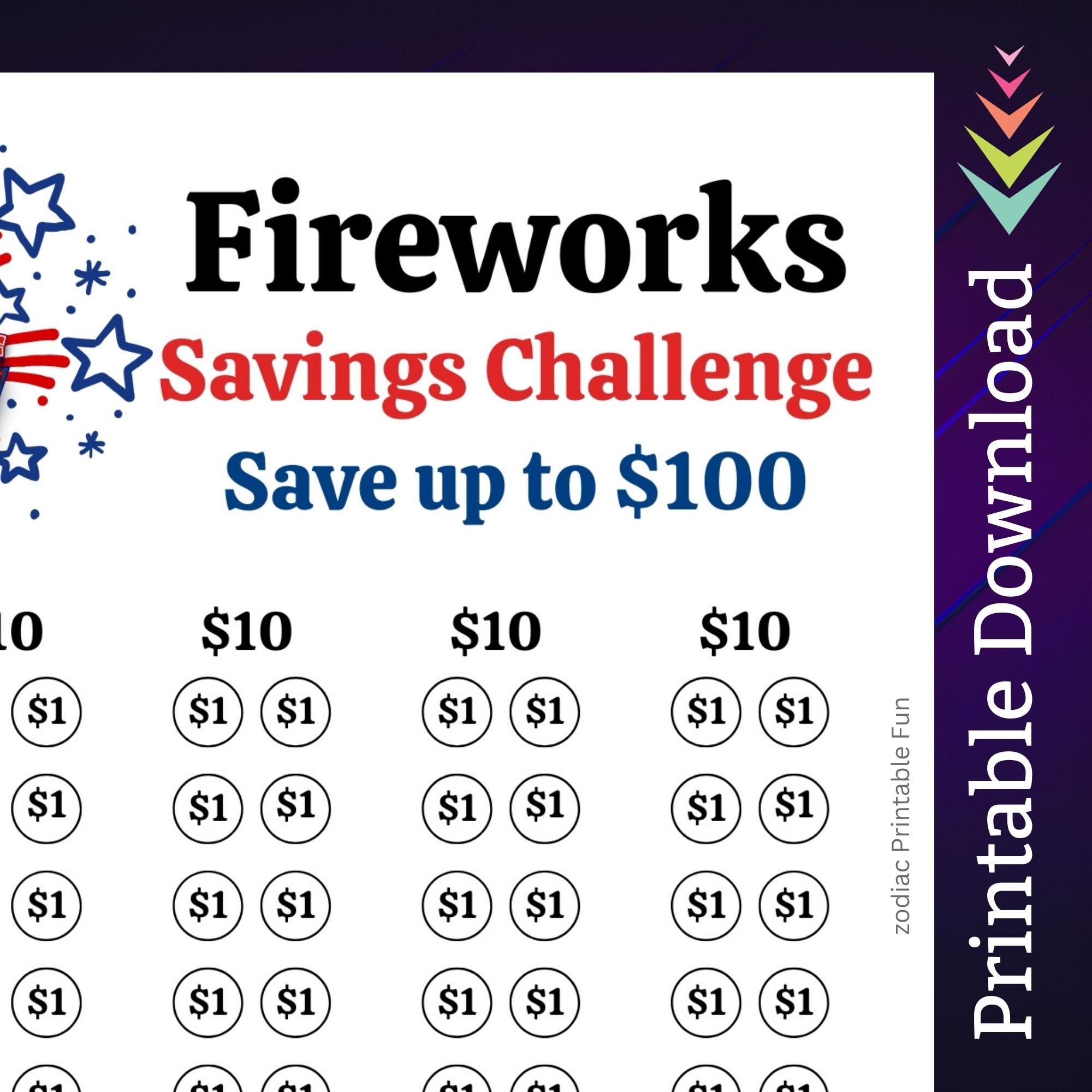 Fireworks Savings Challenge Printable 4th of July Money Saving Sinking ...