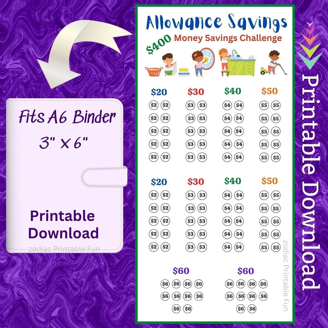 A6 Kids Allowance Savings Challenge Printable Budget Binder Insert for ...