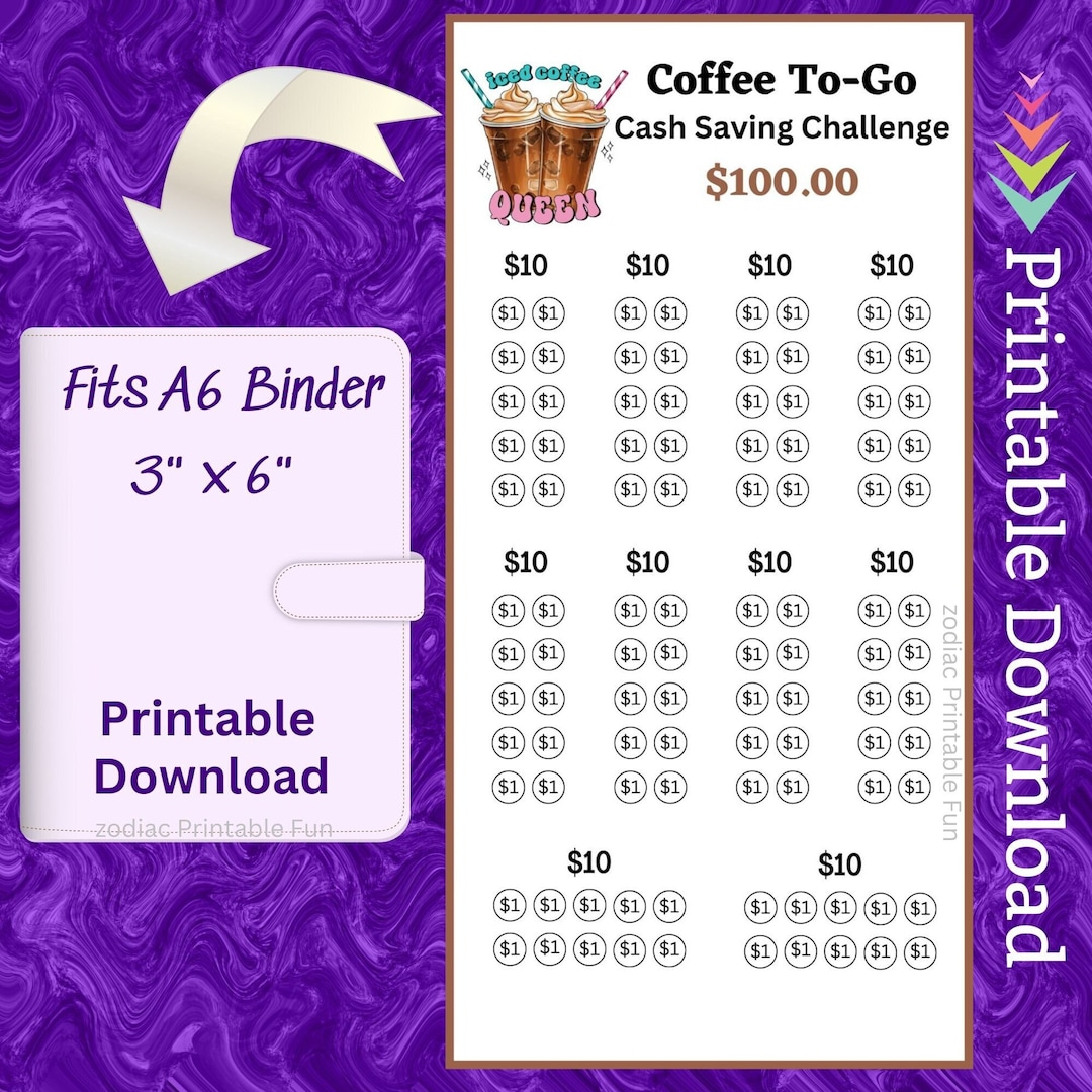 Coffee A6 Savings Challenge Printable Insert for Brewed Coffee Togo for ...