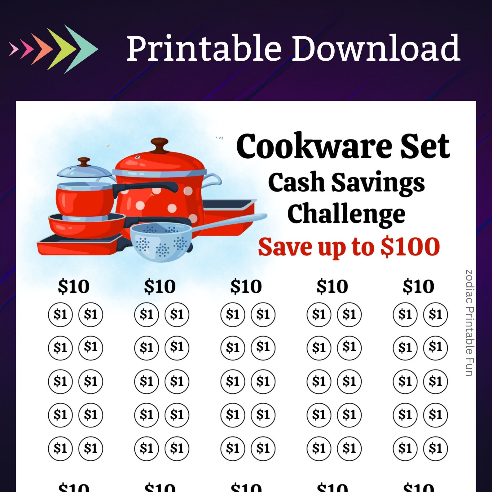 Cookware Set Savings Challenge Printable for Kitchen Cooking Pots and ...