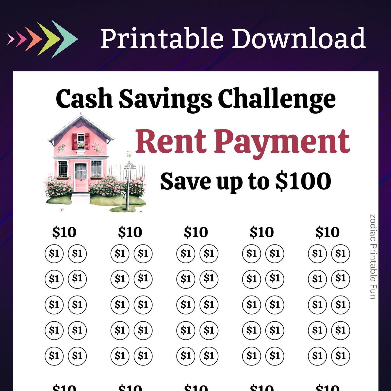 Rent Payment Savings Challenge Printable for Family Home Debt Money ...