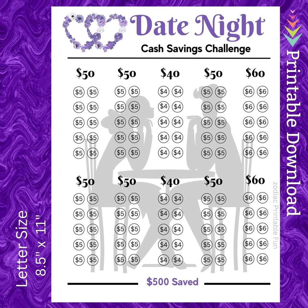 Date Night Saving Challenge Printable for Dinner and a Movie for Night ...