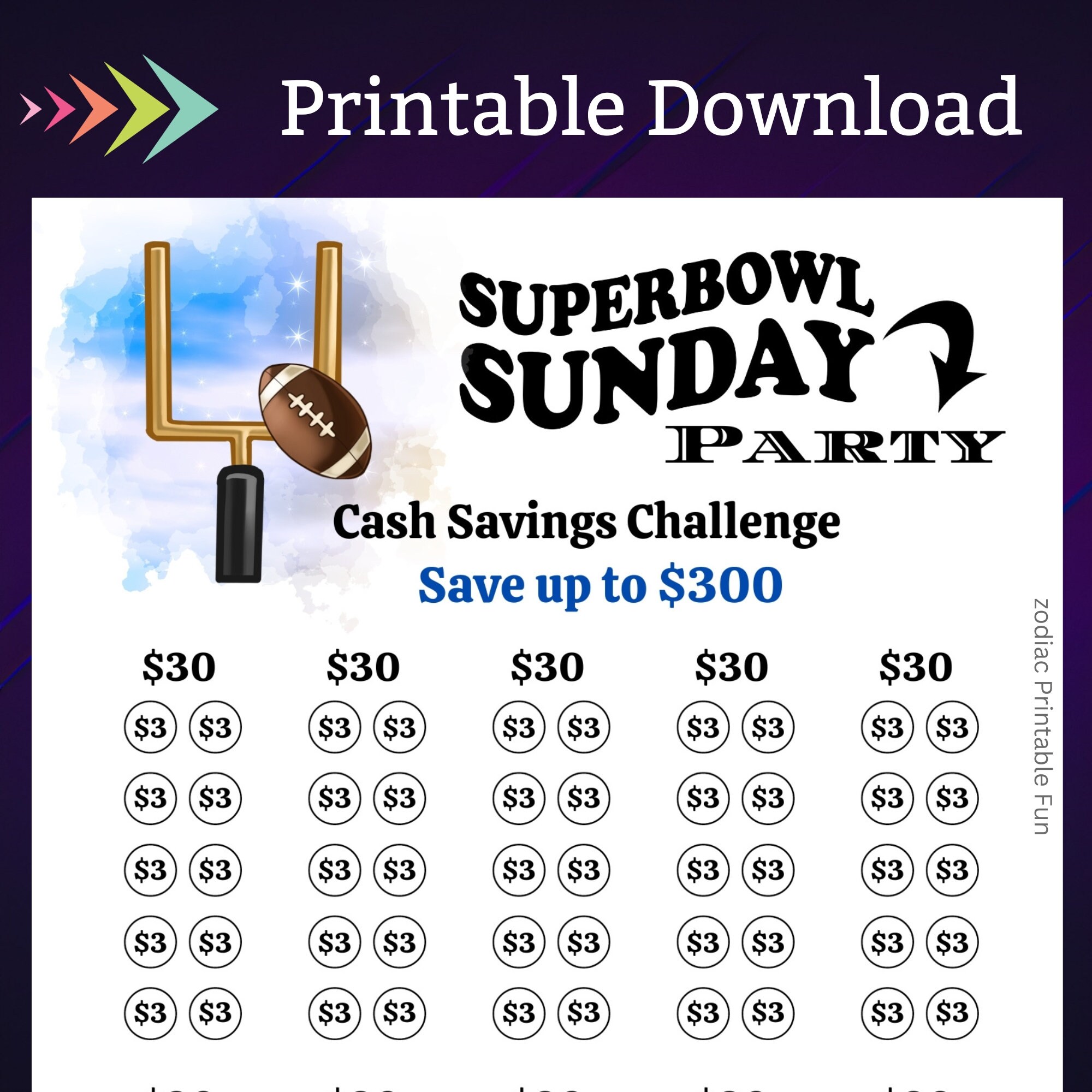 Superbowl Savings Challenge Printable for Football Fans Money Saving ...