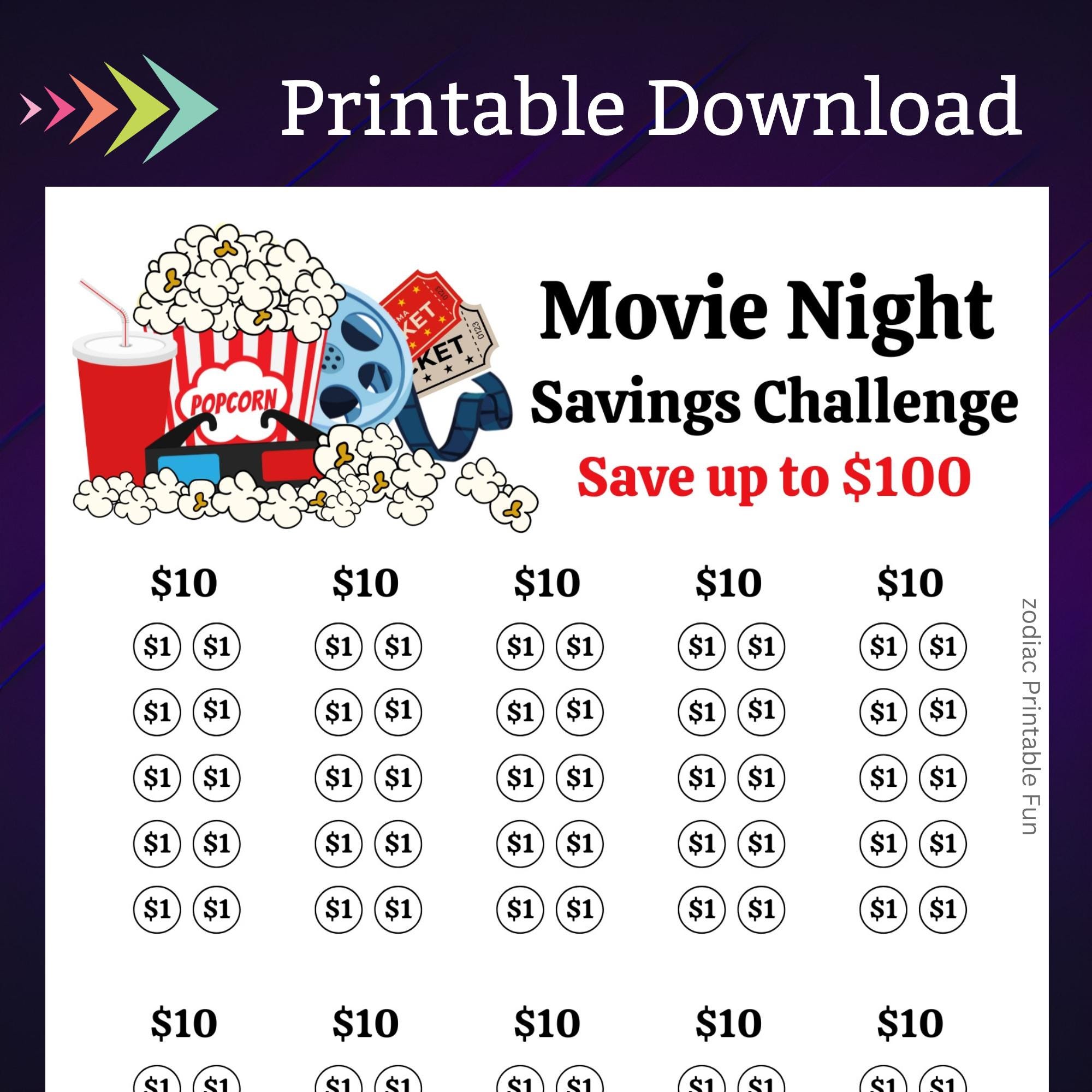 Movie Savings Challenge Printable for Family Night Out Money Saving ...