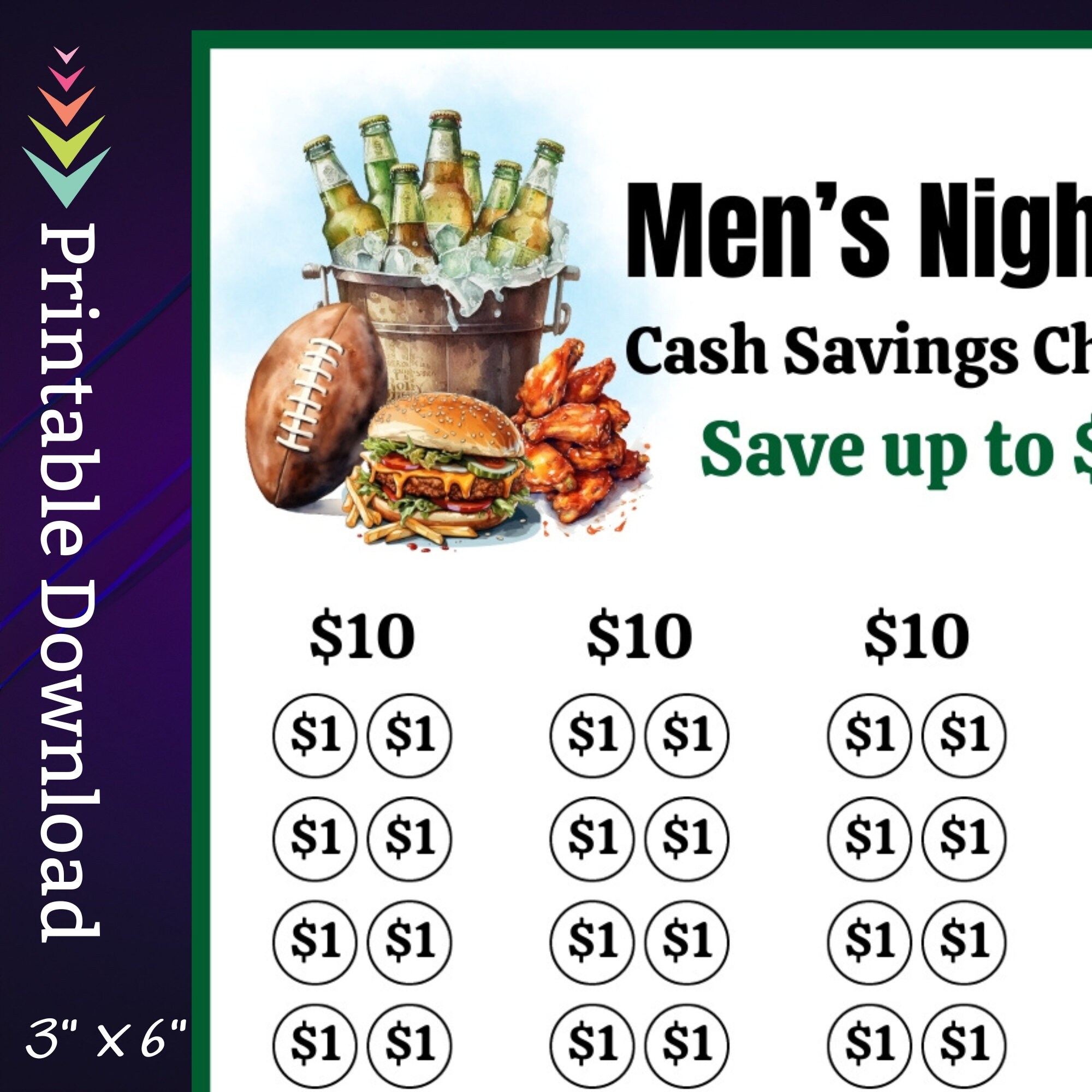 A6 Men Night Out Savings Challenge Printable Insert for Guys Birthday ...