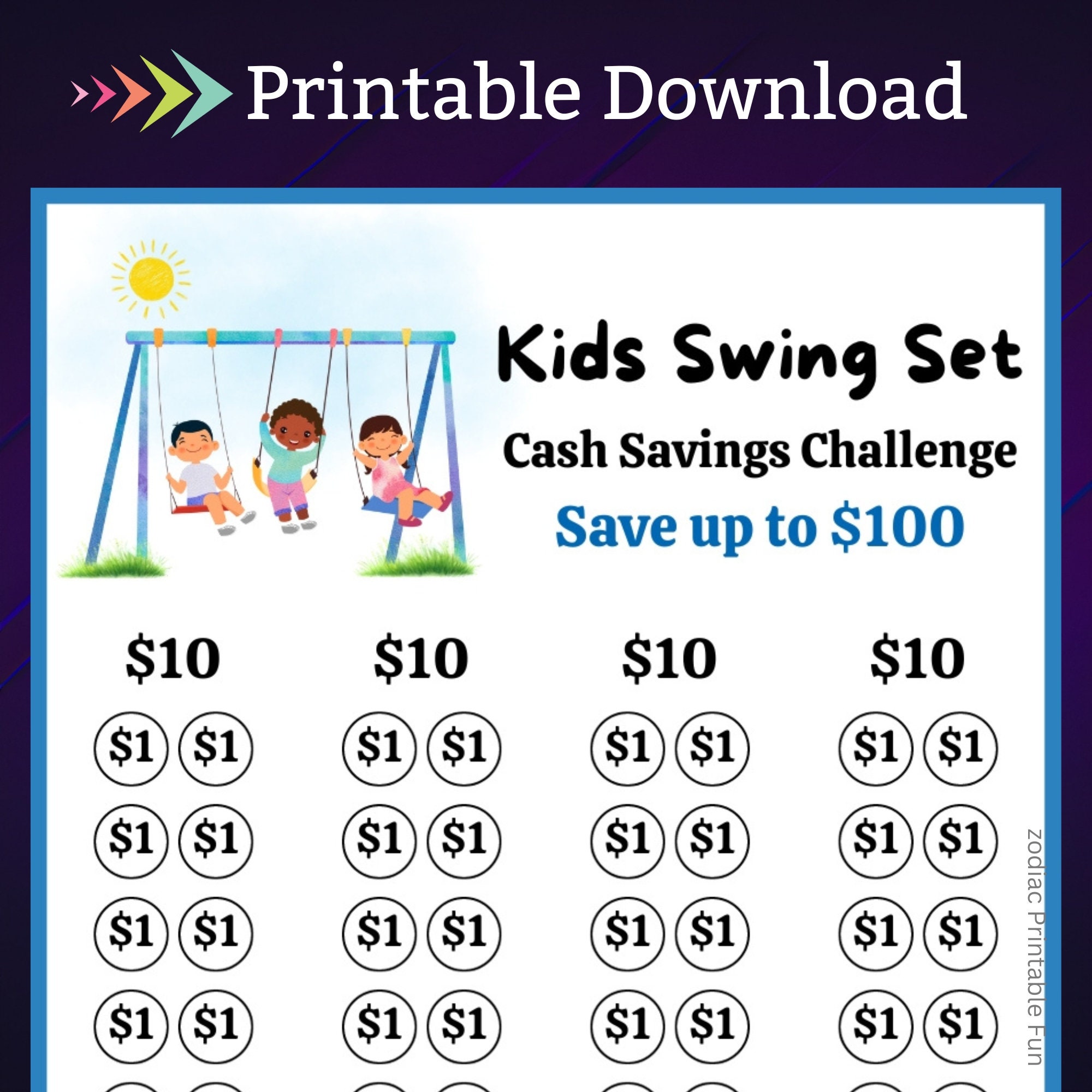 A6 Kids Swing Savings Challenge Printable for Children Play Activity ...