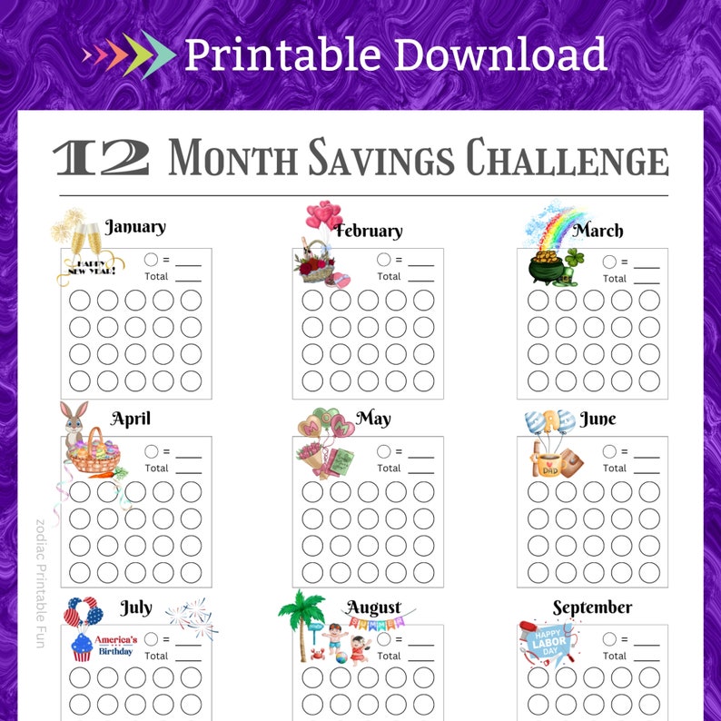 12 Month Savings Challenge Printable - Etsy
