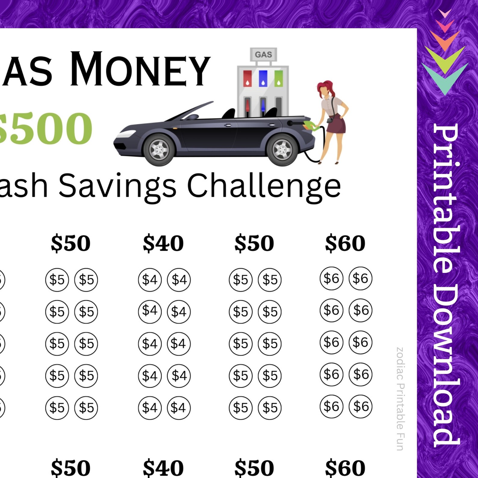 Gas Pump Savings Challenge Printable Car Maintenance Cash Saving Budget ...