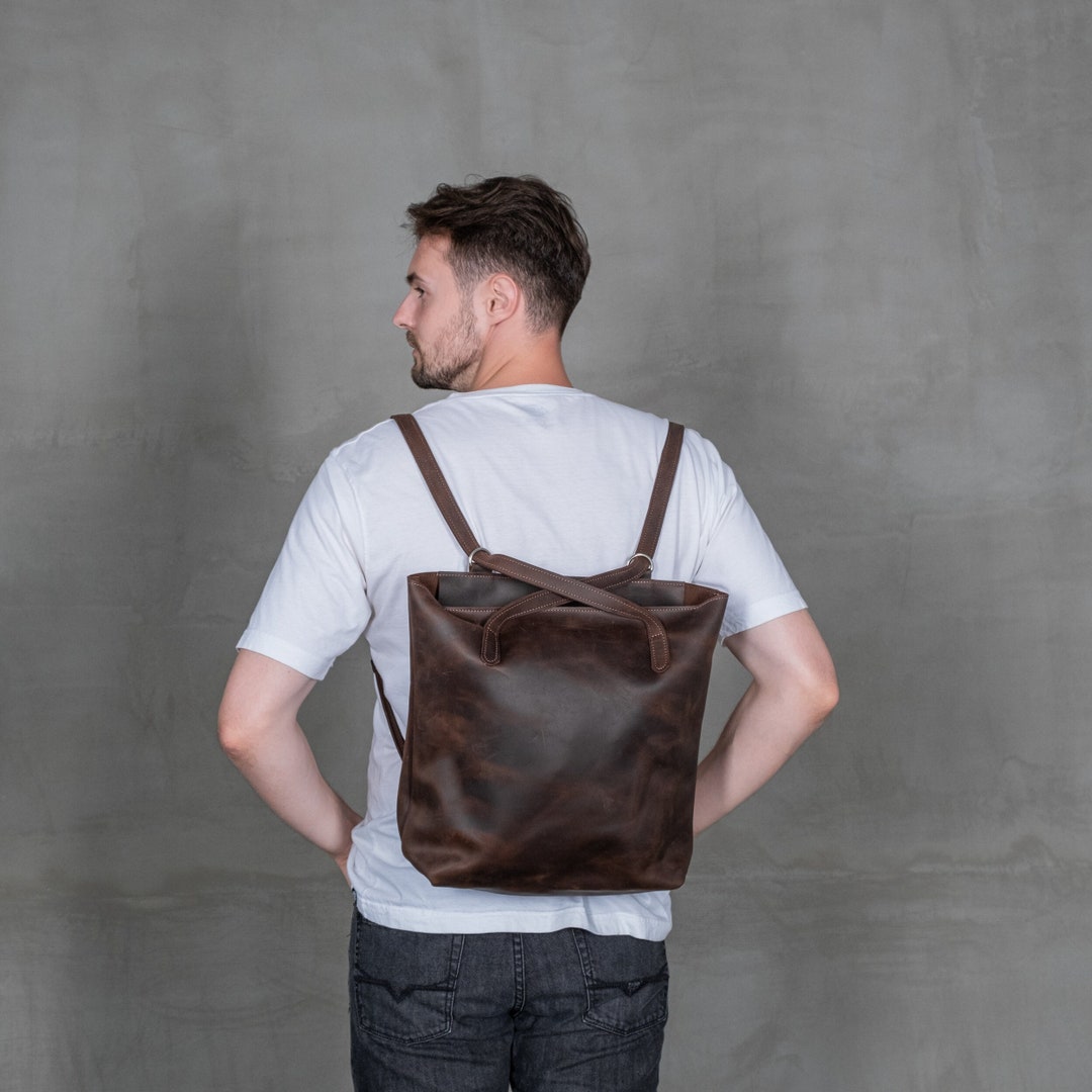 Leather Tote Backpack Convertible, Leather Backpack Men, Tote Backpack ...