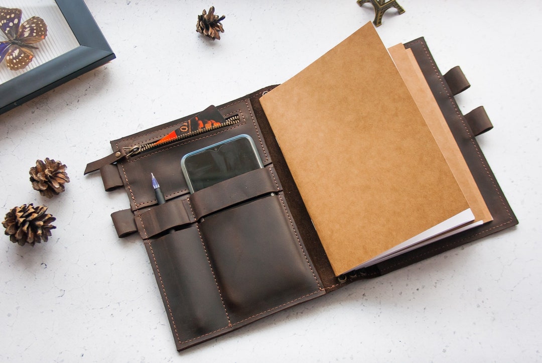 Leather Notebook Cover With Pen Holder, Leather Notebook Cover Phone ...