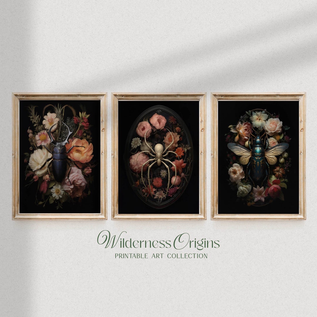 White Spider, Winged Beetle and Stag Beetle With Florals / Set of 3 ...