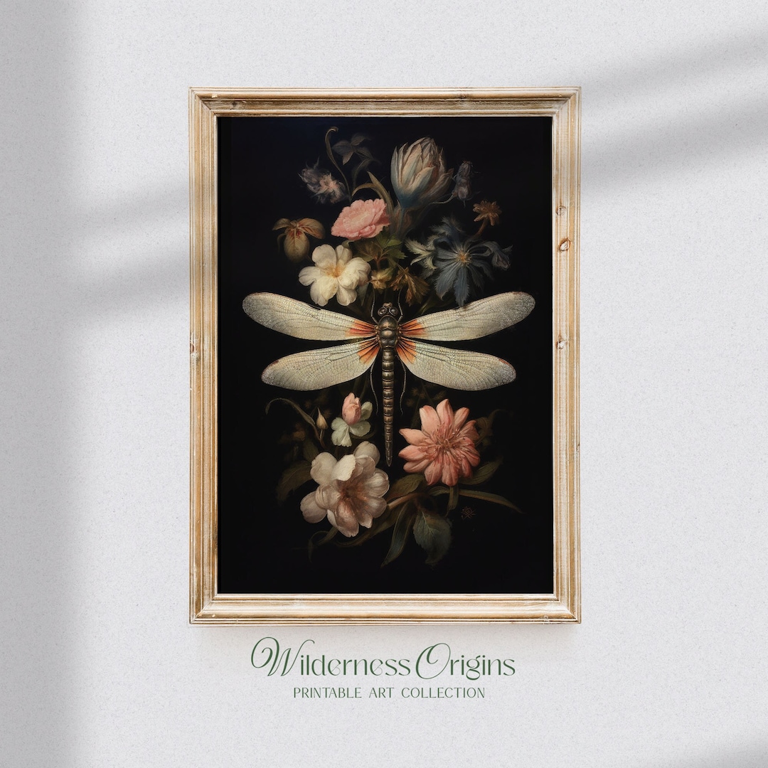 Dragonfly With Florals / Cottagecore Print, Moody Wall Art, Dark ...