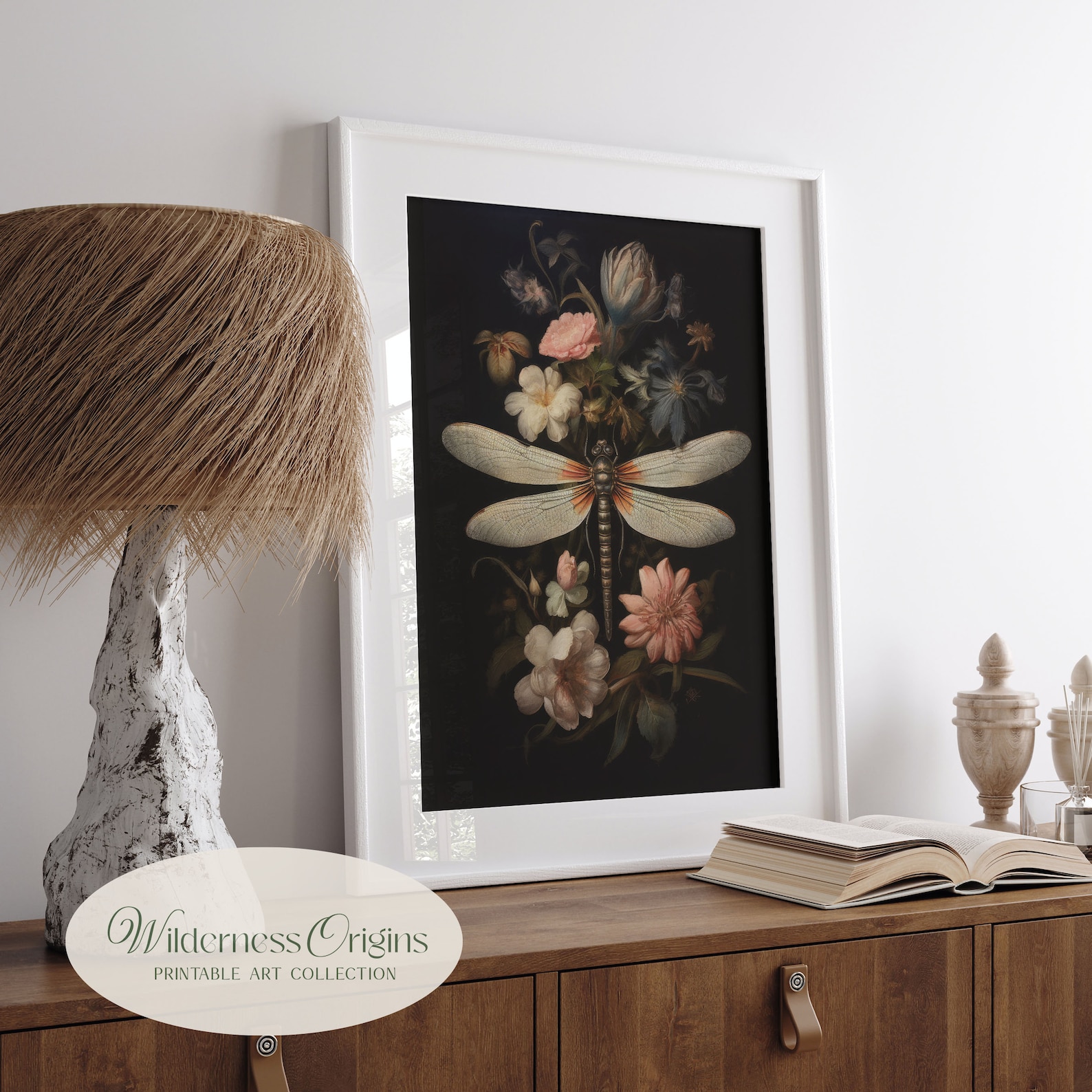 Dragonfly With Florals / Cottagecore Print, Moody Wall Art, Dark ...