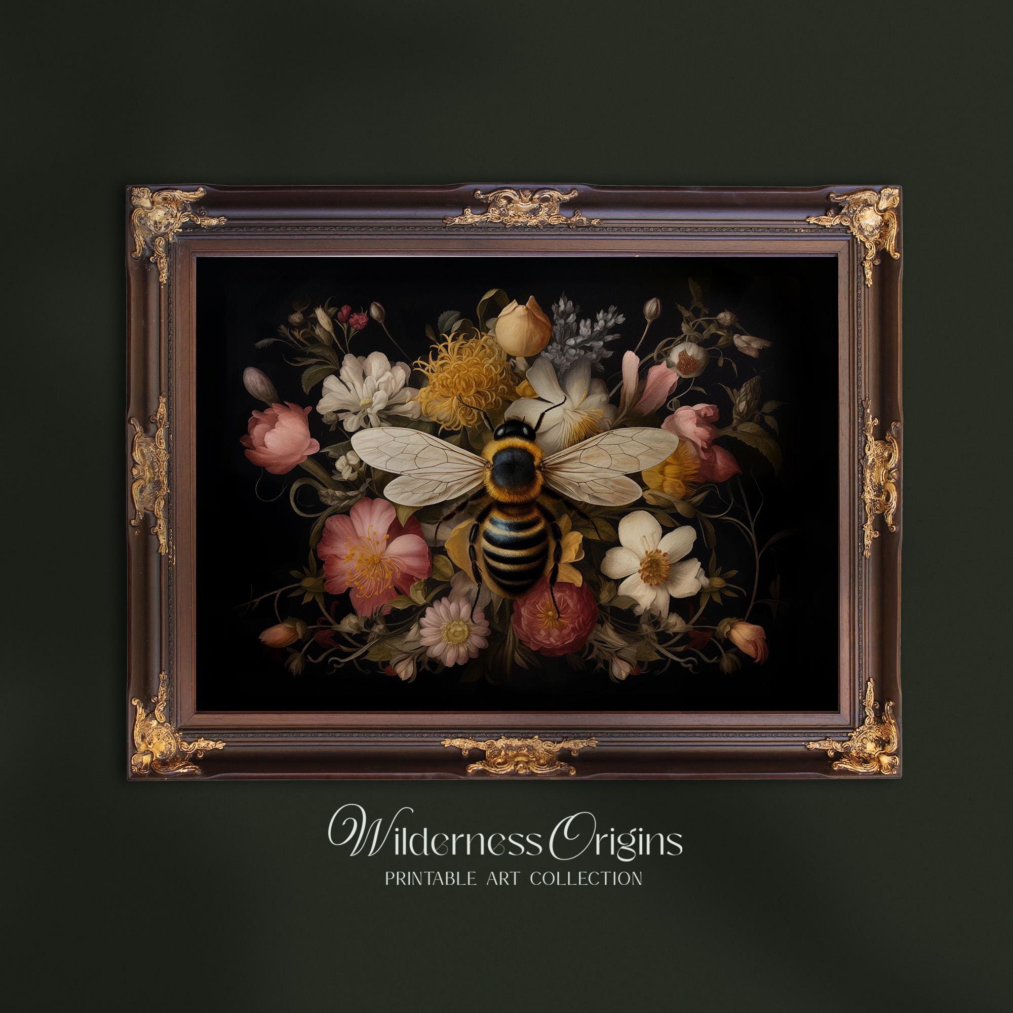 Bee and Floral Dark Cottagecore Print: Vintage Nature Art (digital ...