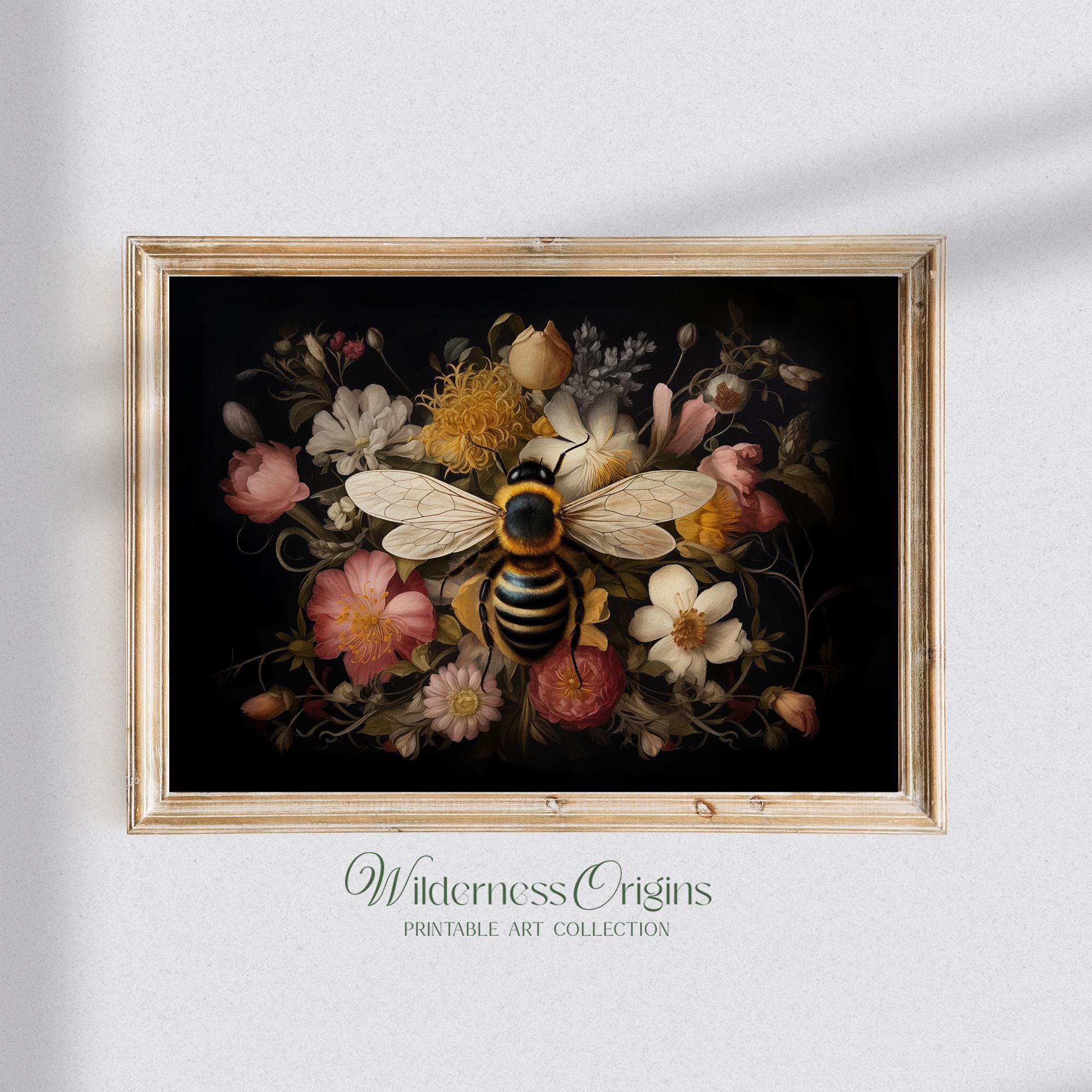 Bee and Floral Dark Cottagecore Print: Vintage Nature Art (digital ...