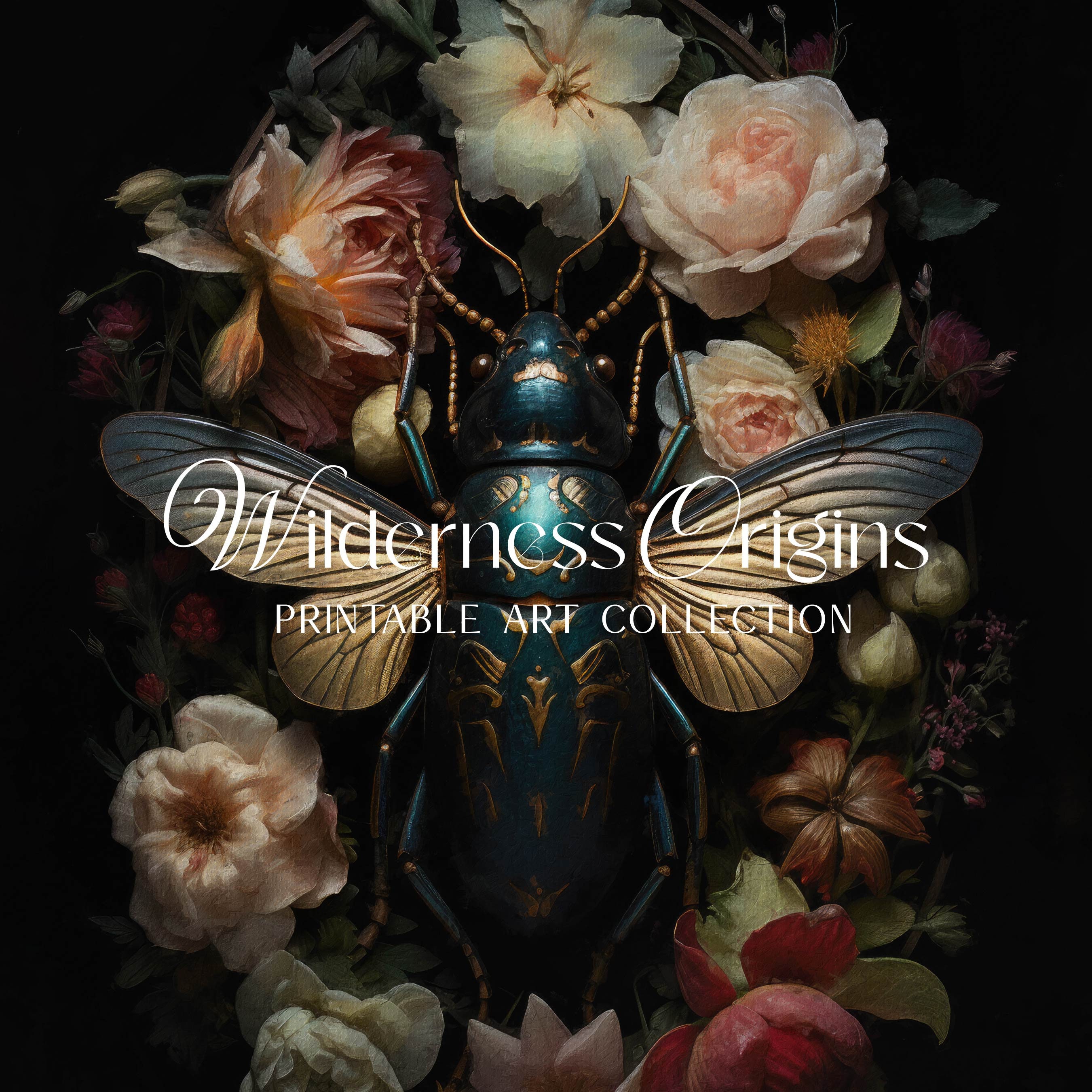 White Spider, Winged Beetle and Stag Beetle With Florals / Set of 3 ...