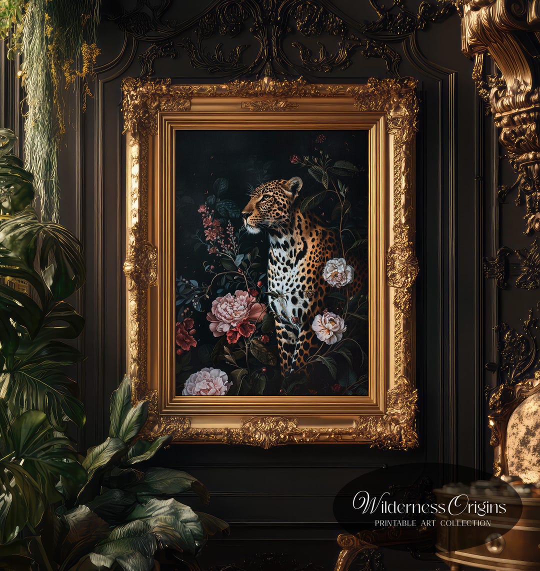 Cheetah Floral Art Print: Dark Cottagecore Animal Decor (digital ...