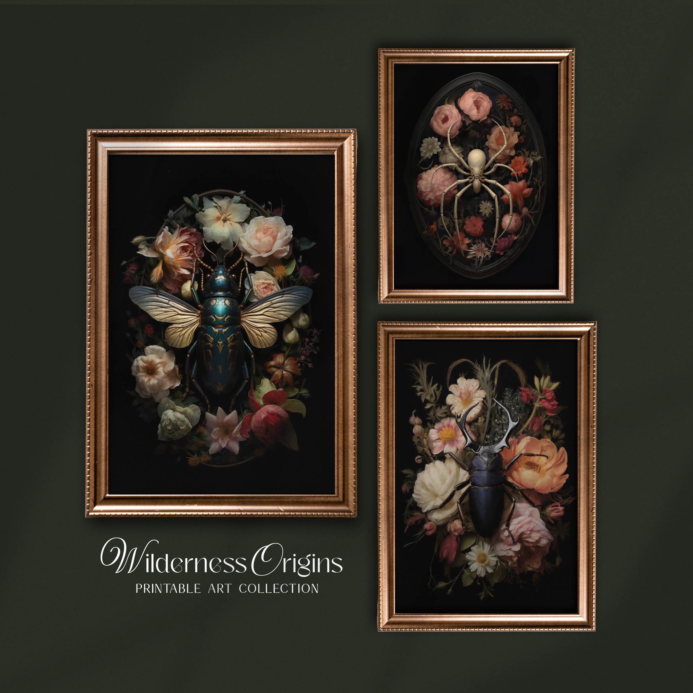 White Spider, Winged Beetle and Stag Beetle With Florals / Set of 3 ...