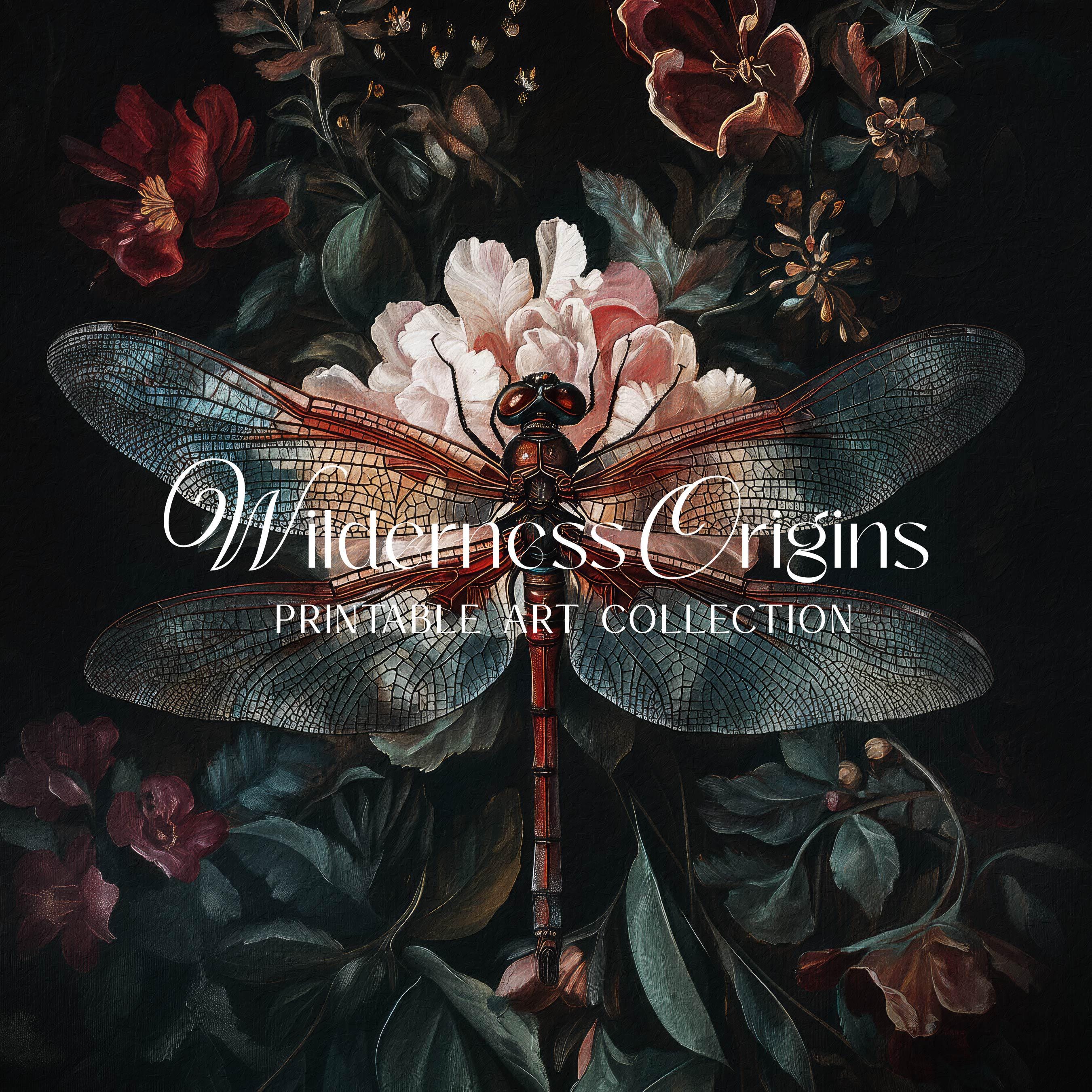 Dragonfly Floral Art Print: Dark Cottagecore Botanical (digital ...