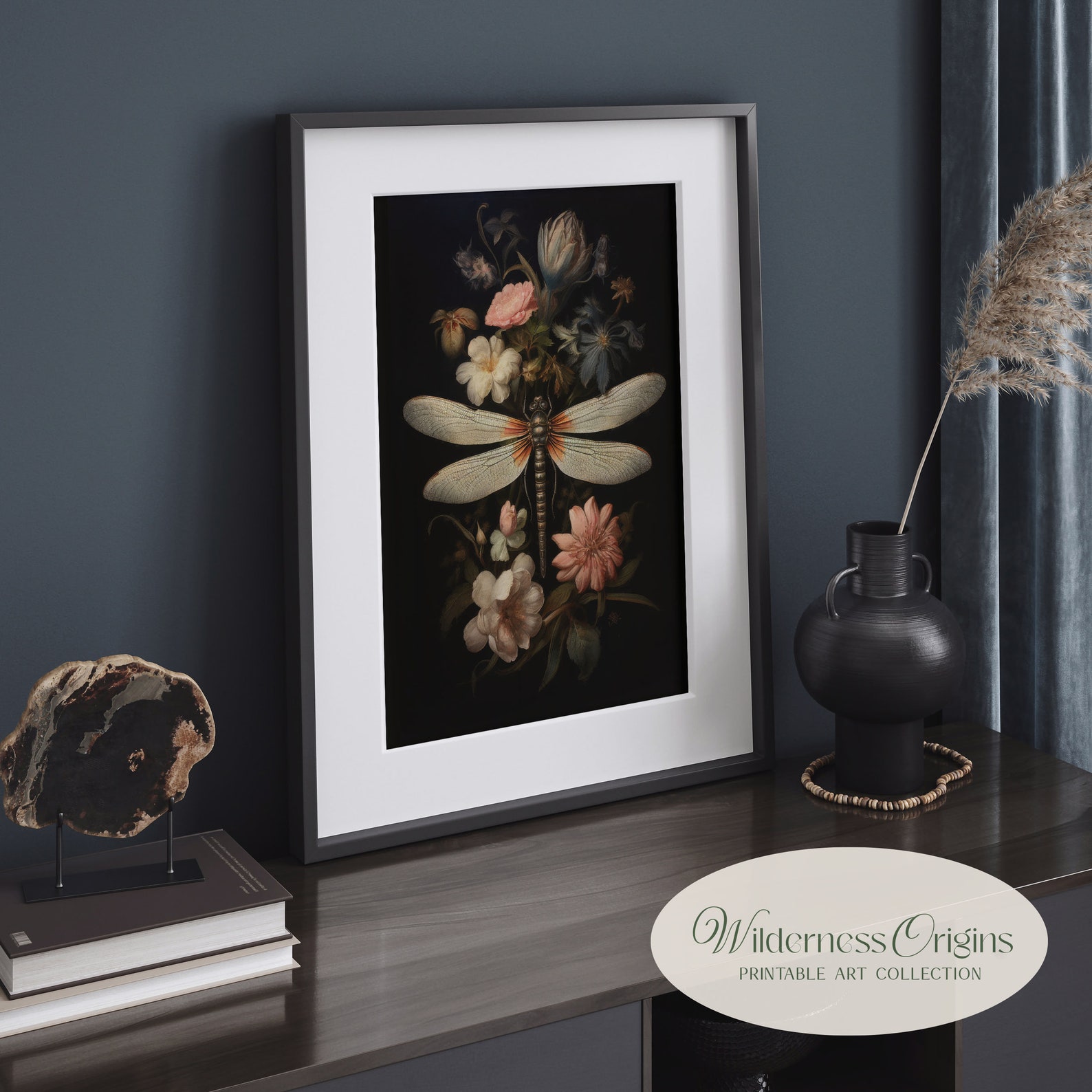 Dragonfly With Florals / Cottagecore Print, Moody Wall Art, Dark ...