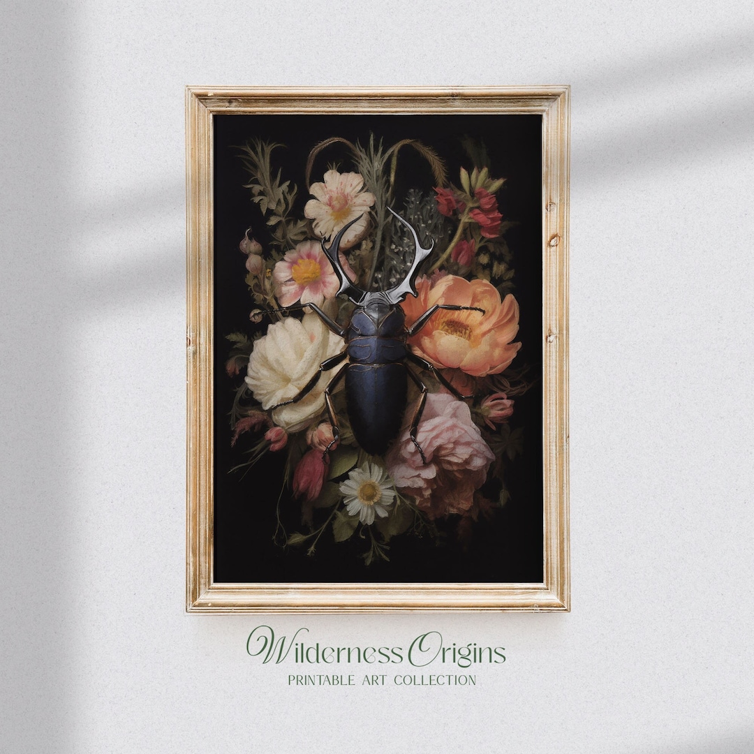 Stag Beetle With Florals / Cottagecore Print, Moody Wall Art, Dark ...