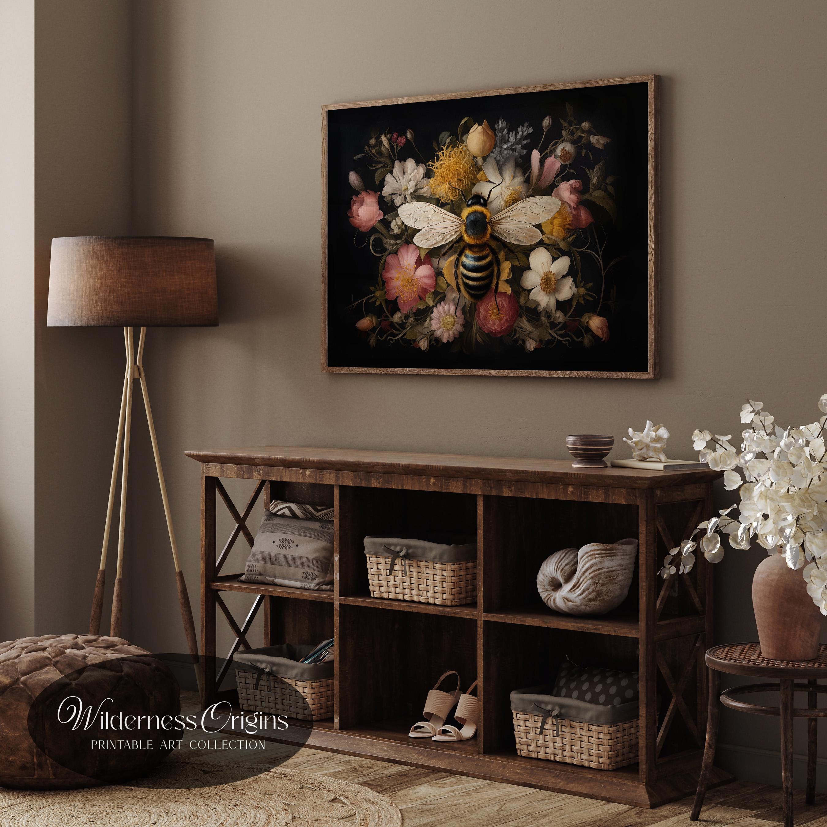 Bee and Floral Dark Cottagecore Print: Vintage Nature Art (digital ...