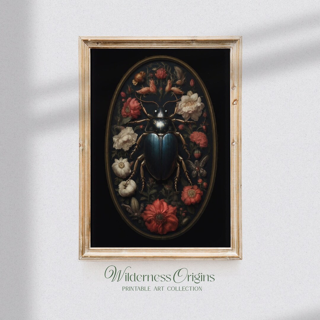 Scarab Beetle With Florals / Cottagecore Print, Moody Wall Art, Dark ...