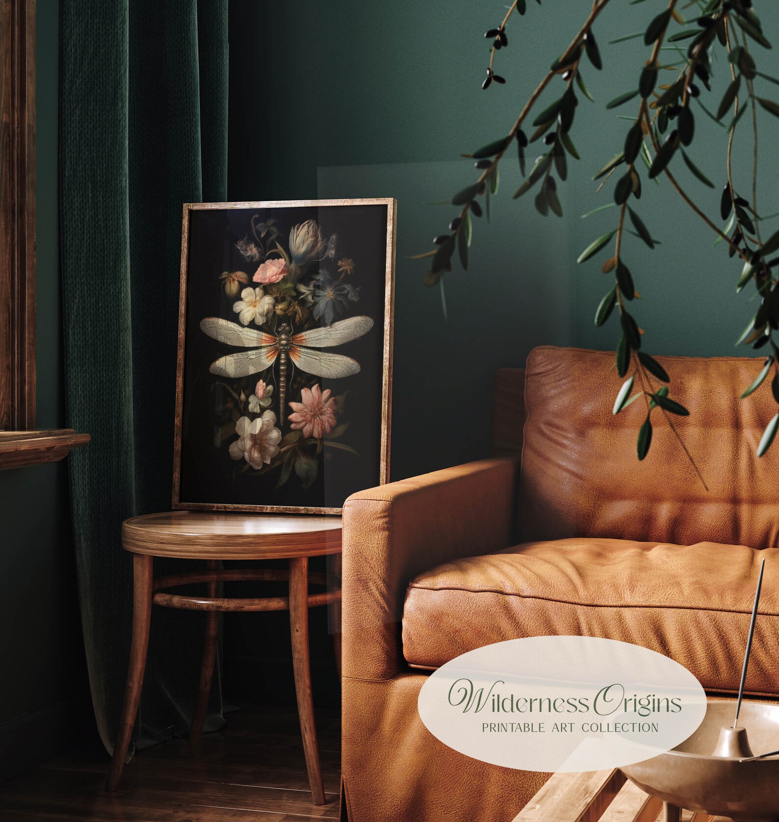 Dragonfly With Florals / Cottagecore Print, Moody Wall Art, Dark ...