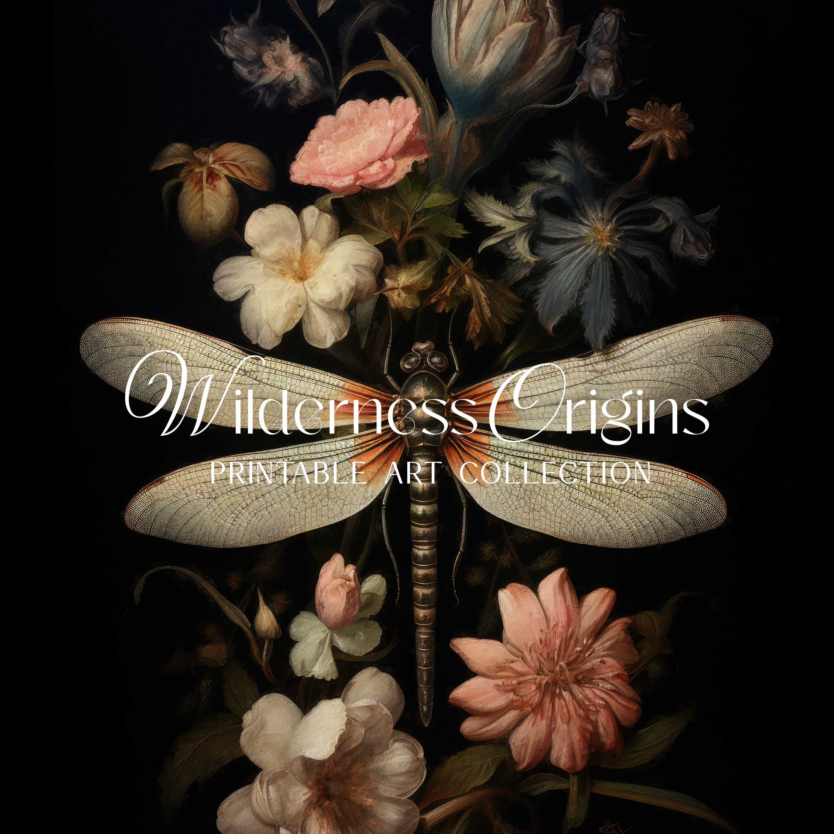 Dragonfly With Florals / Cottagecore Print, Moody Wall Art, Dark ...