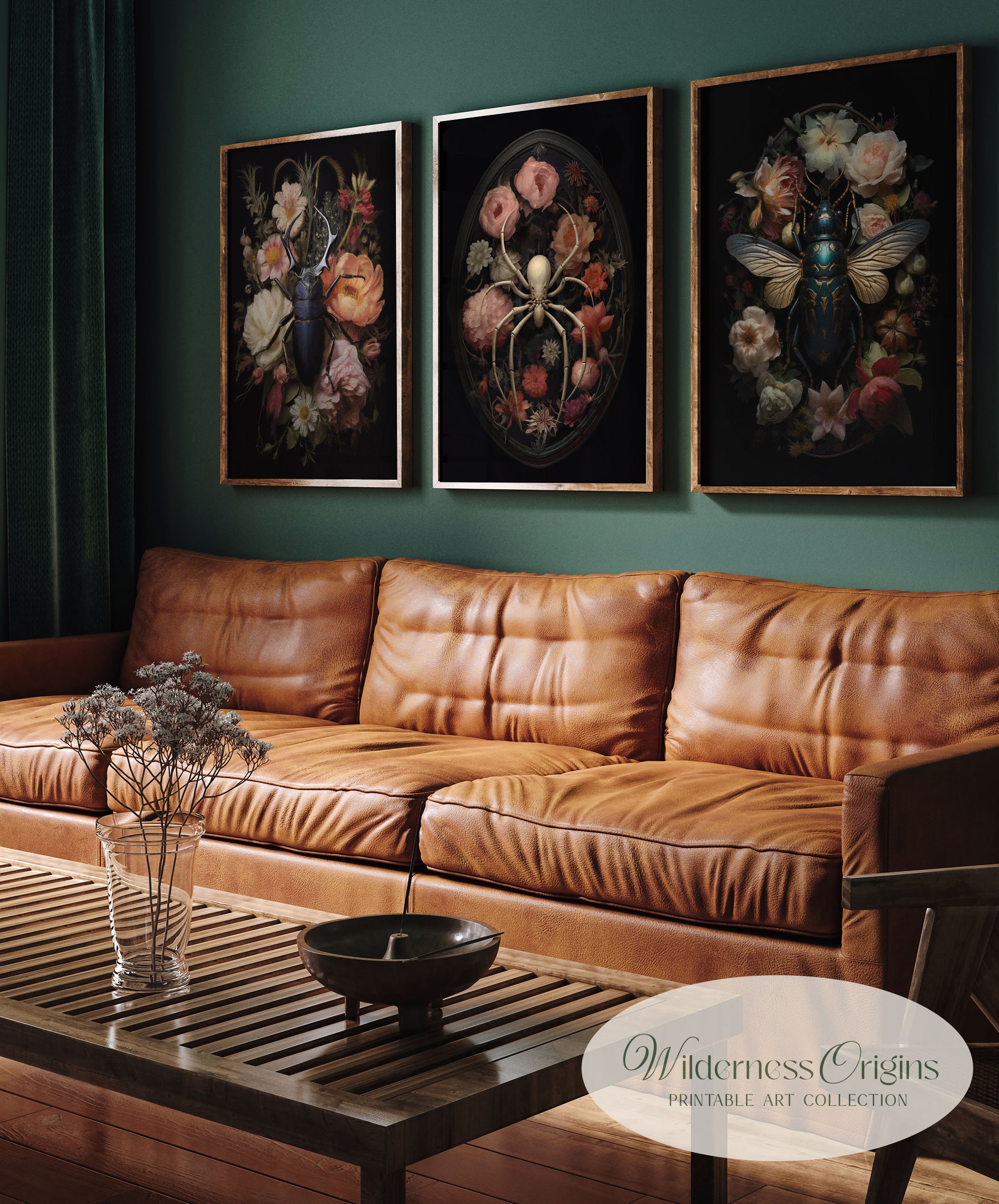 White Spider, Winged Beetle and Stag Beetle With Florals / Set of 3 ...