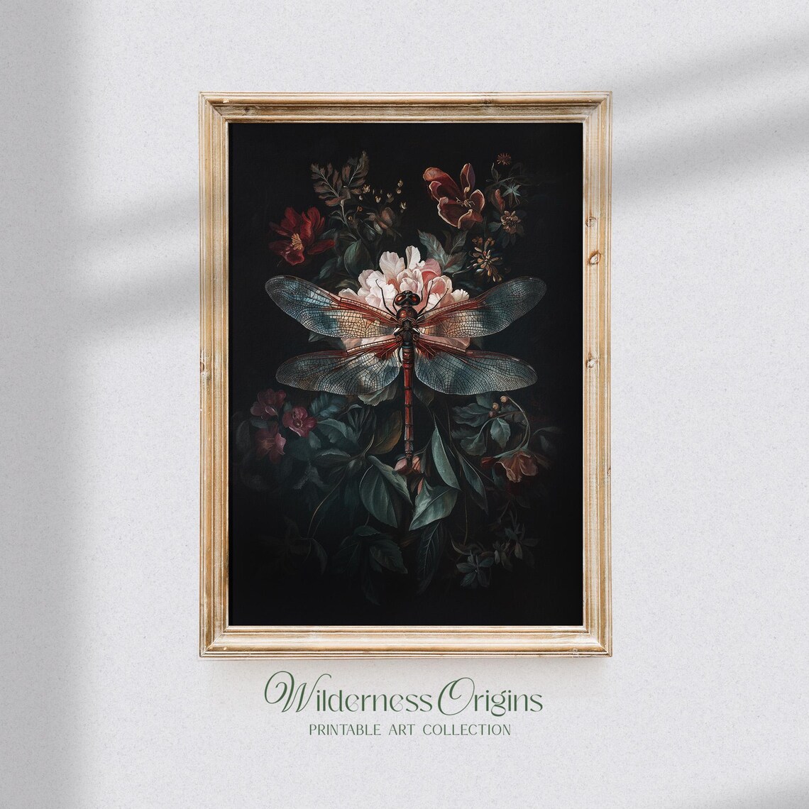 Dragonfly Floral Art Print: Dark Cottagecore Botanical (digital ...