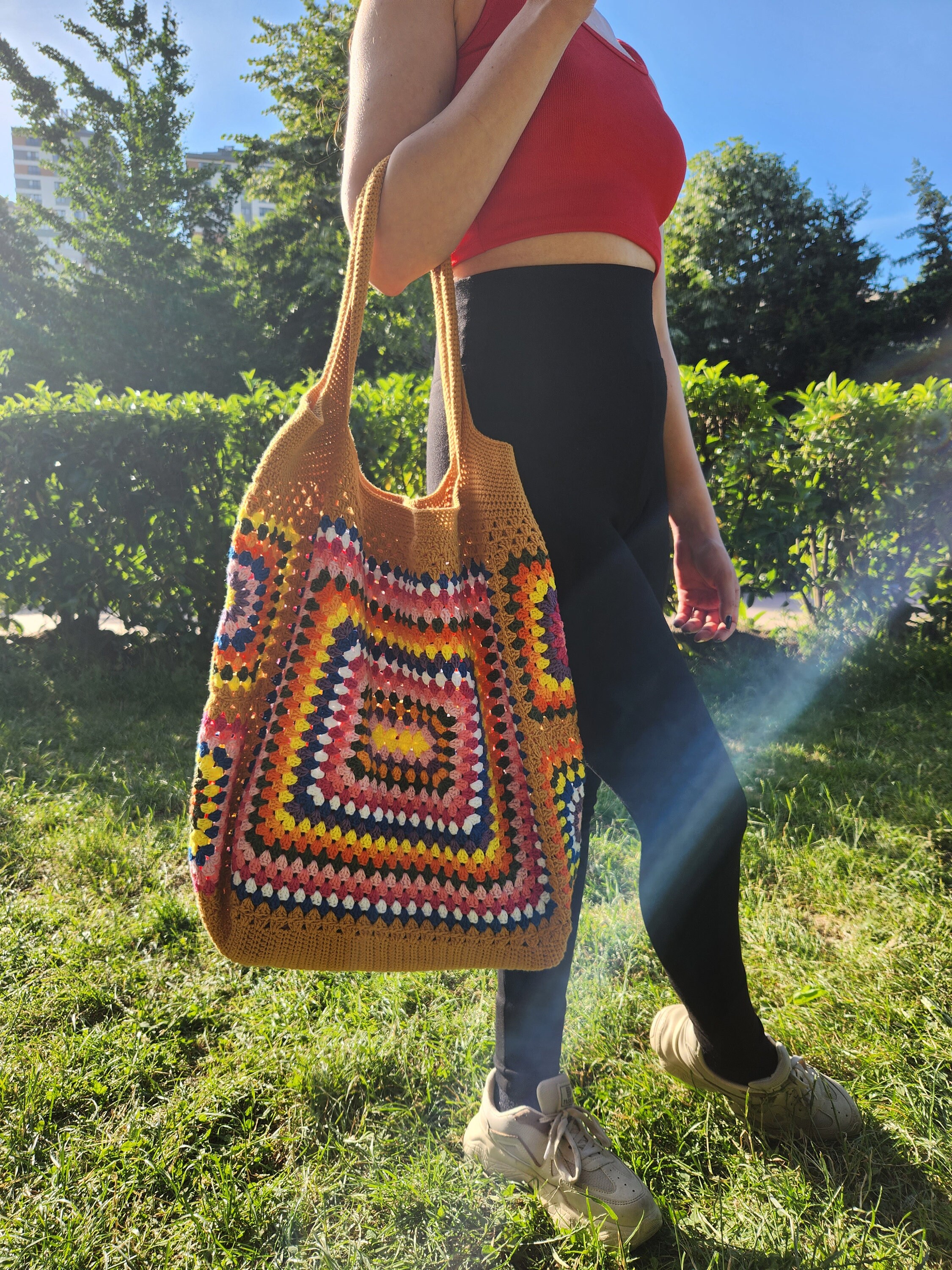 Large Handmade Crochet Boho Tote Bag – Colorful Vintage Style Shoulder ...