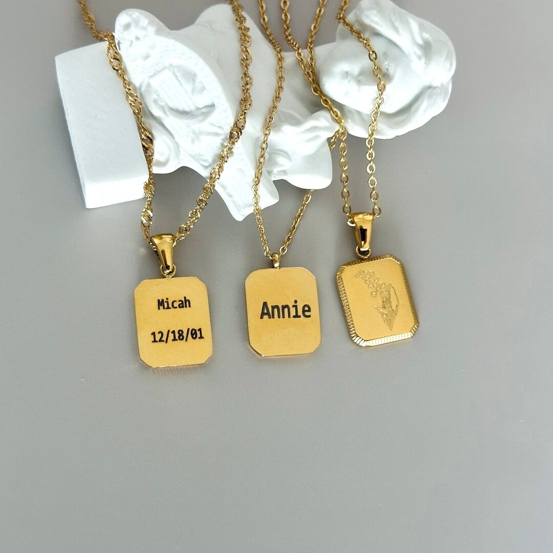 GOLD Square Birth Flower Necklace Gift for Moms Engraved Floral Pendant ...