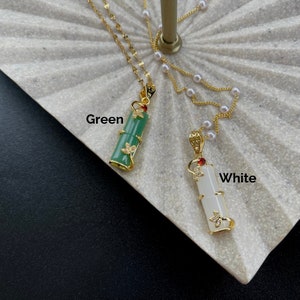 18K GOLD Lucky Jade Necklace Emerald Healing Stone Four Leaf Lucky ...