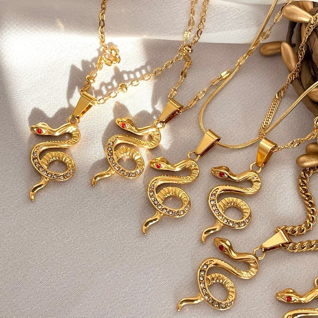 GOLD FILLED Snake Necklace Serpent Pendant Jewelry Set Gold Snake ...