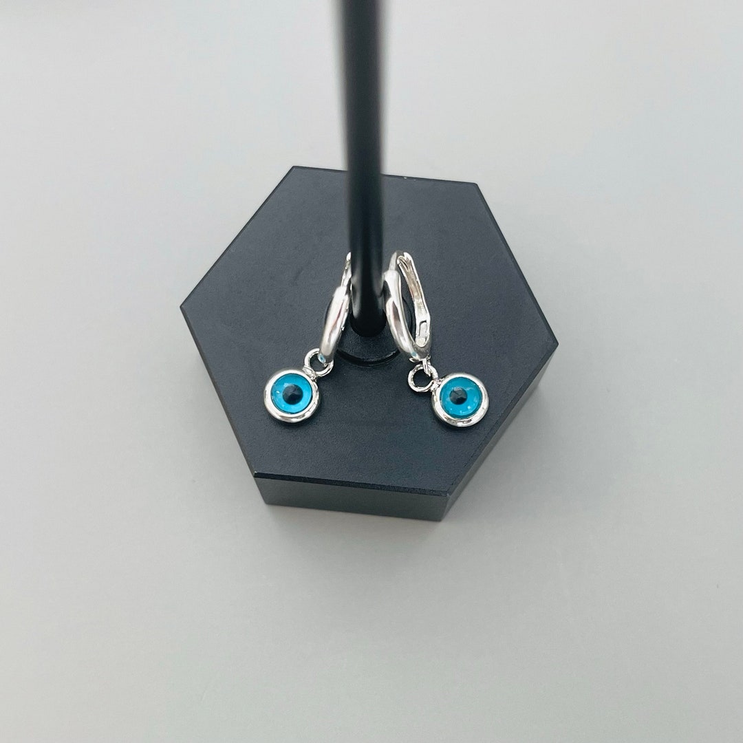 SILVER Evil Eye Dangle Hoop Earrings • Birthday Gift • Turkish Evil Eye ...