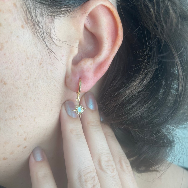 GOLD FILLED Opal Star Hoop Earrings Dainty North Star Earrings - Etsy
