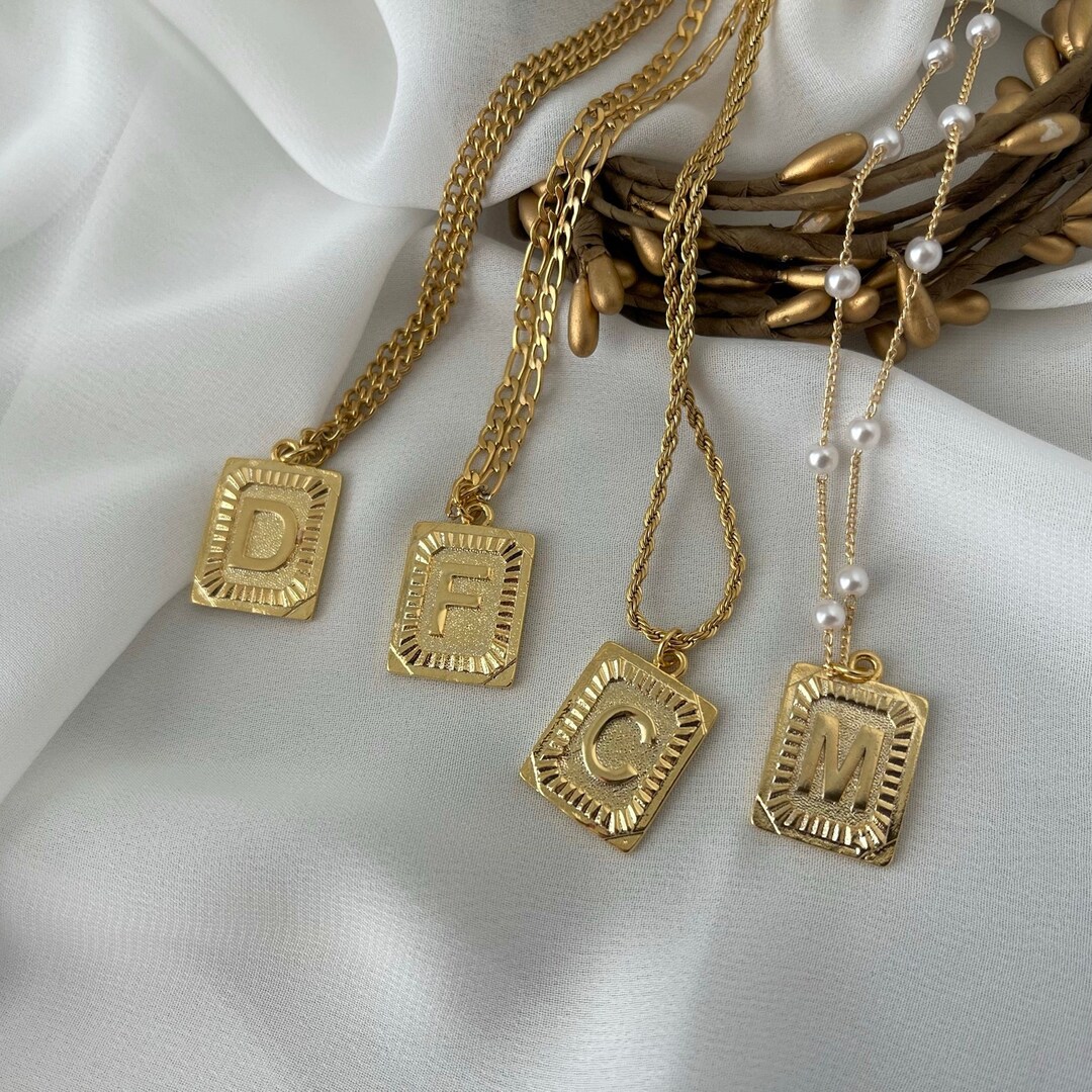 Gold Alphabet Pendant Necklace • Shiny Rectangle Medallion Monogram ...