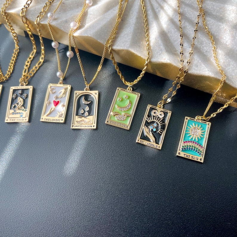 GOLD Custom Tarot Necklace Moon Star Sun Lovers Magician Pendant Witchy ...
