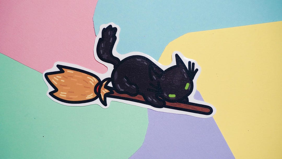 Magical Cat on Broomstick Sticker Water-resistant Vinyl Sticker for ...