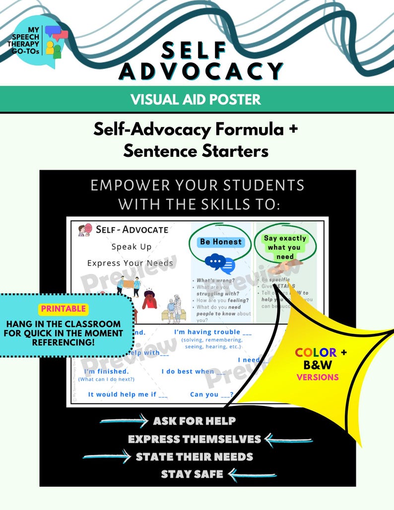 Self-advocacy VISUAL SUPPORT Asking for Help Sentence Starter Prompts ...